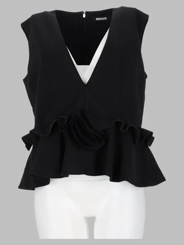 ROTATE BY BIRGER CHRISTENSEN Sleeveless Deep V-neck Peplum Top With Floral Detail - Black