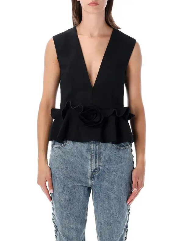ROTATE BY BIRGER CHRISTENSEN Sleeveless Deep V-neck Peplum Top With Floral Detail - Nero