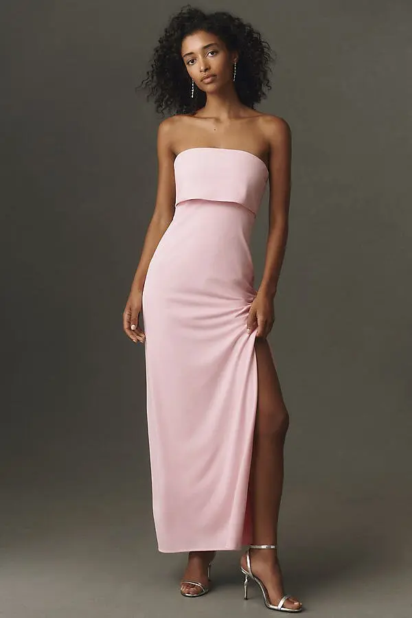Bhldn Strapless Foldover Bodice Crepe Maxi Dress With Slit