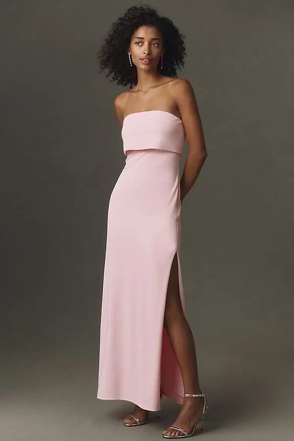 Bhldn Strapless Foldover Bodice Crepe Maxi Dress With Slit