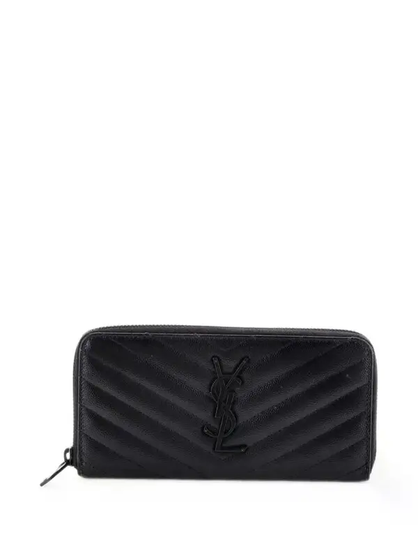 Saint Laurent Classic Monogram Zip Around Wallet Matelasse Chevron Leather Small Wallets - Black