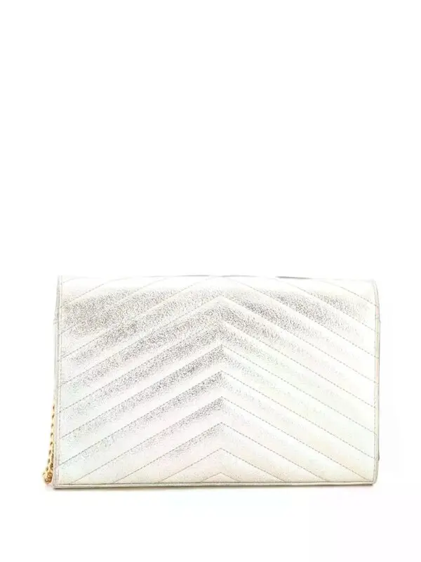 Saint Laurent Classic Monogram Wallet On Chain Matelasse Chevron Metallic Leather Medium Crossbody Bag - Silver