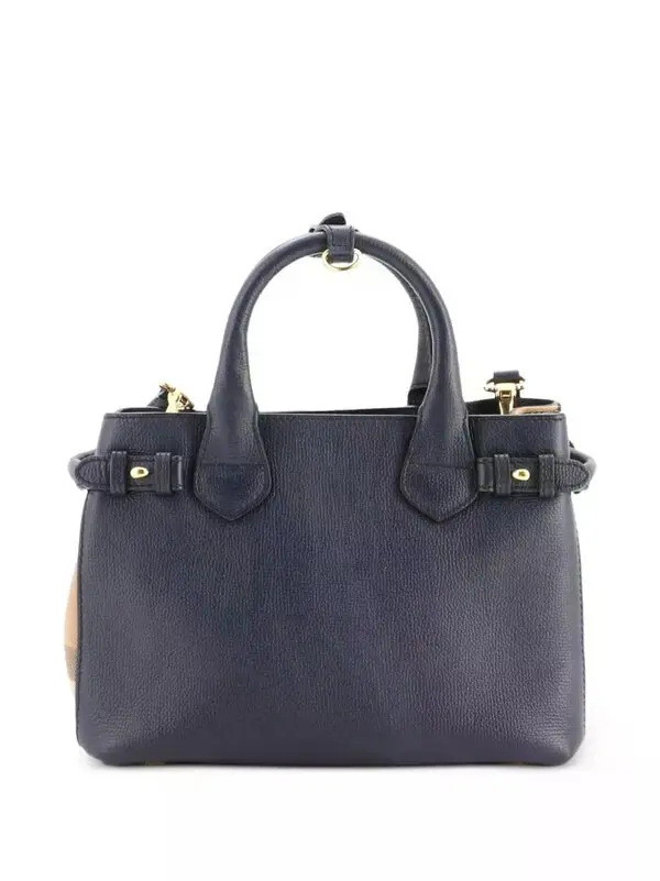 Burberry Banner Leather And House Check Canvas Small Tote Bag - Blue