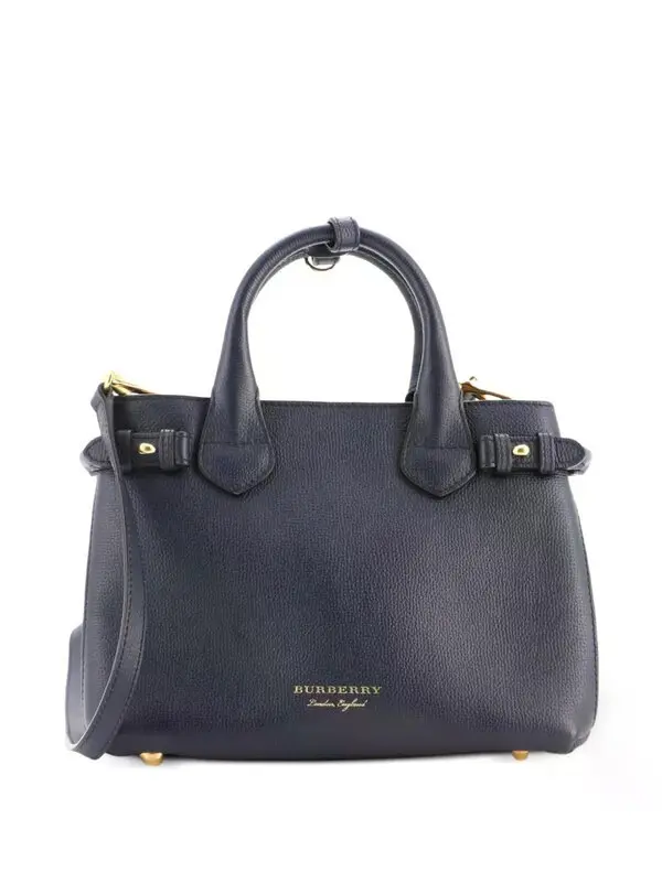 Burberry Banner Leather And House Check Canvas Small Tote Bag - Blue