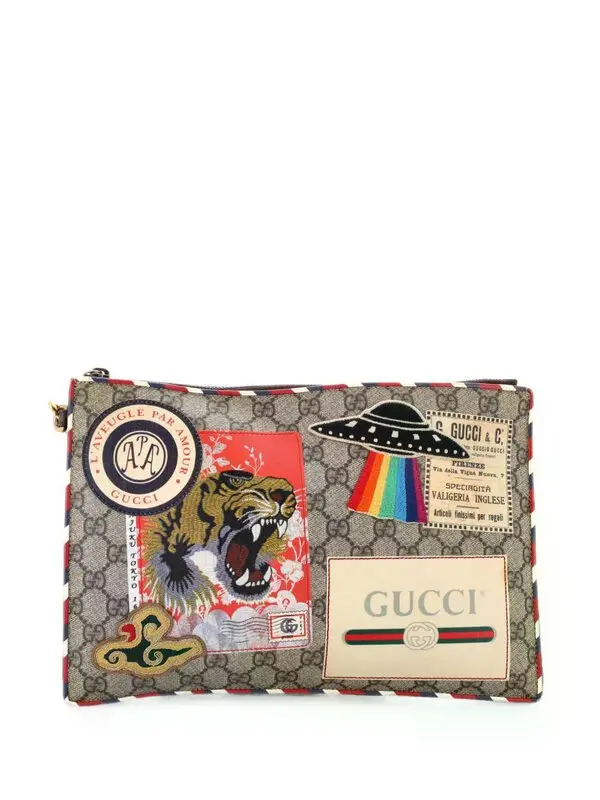 Gucci Courrier Pouch Gg Coated Canvas With Applique Clutch Bag - Brown