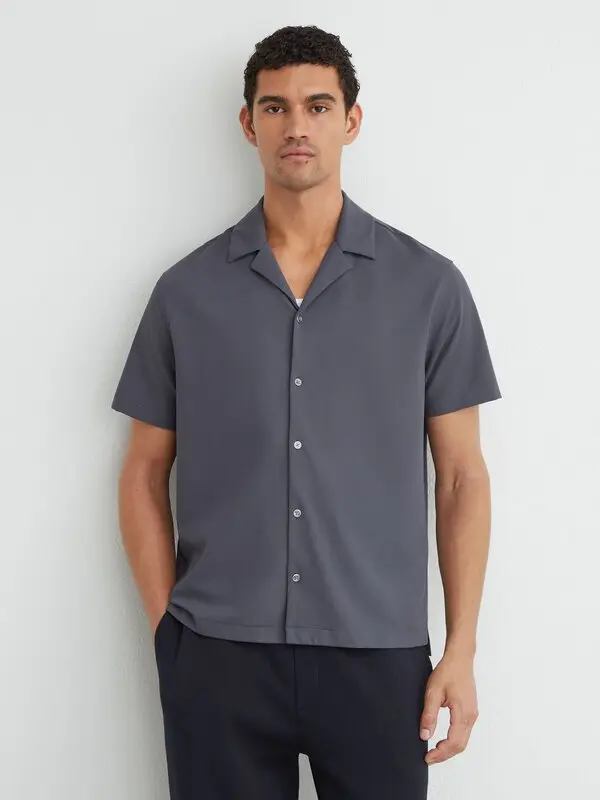 REISS River Stretch Textured Cuban-collar Shirt - Airforce Blue