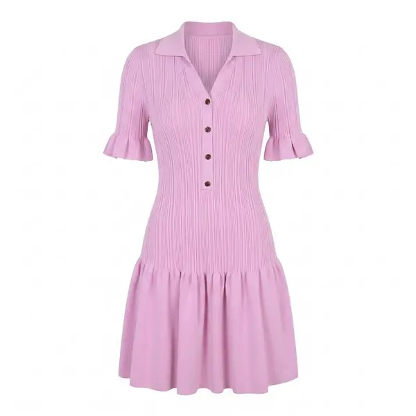 MODENAIRE Pleated Mini Dress With Ruffle Hem And Button Front Detail - Pink