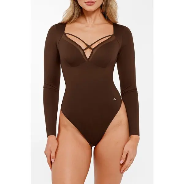 POPILUSH Shapewear Long Sleeve Mesh Inset Tummy Control Bodysuit - Chocolate