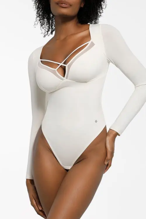 POPILUSH Long Sleeve Mesh Inset Tummy Control Bodysuit - Ivory