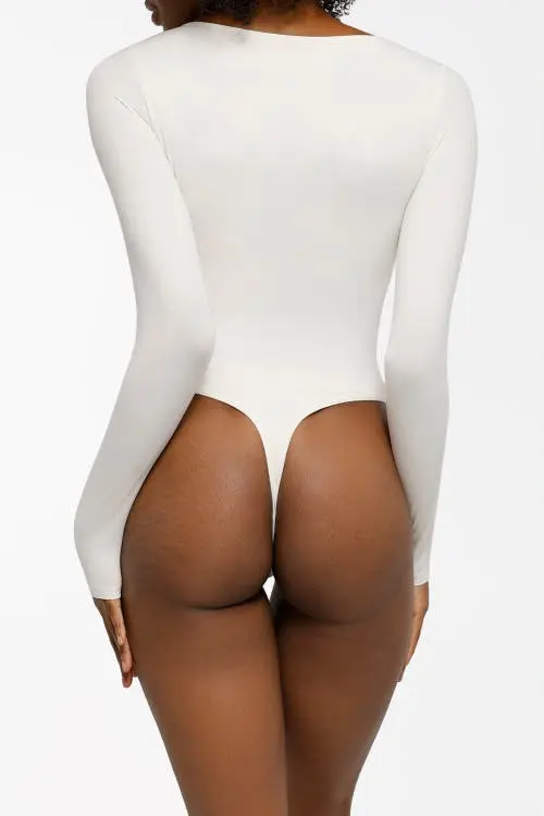 POPILUSH Long Sleeve Mesh Inset Tummy Control Bodysuit - Ivory