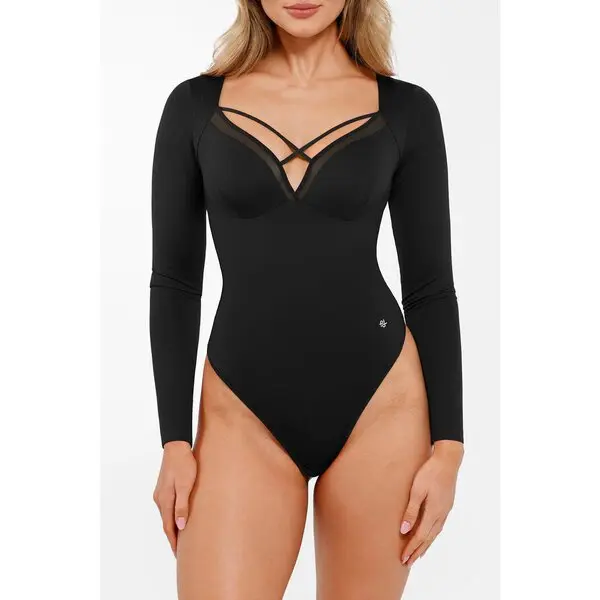POPILUSH Shapewear Long Sleeve Mesh Inset Tummy Control Bodysuit - Jet