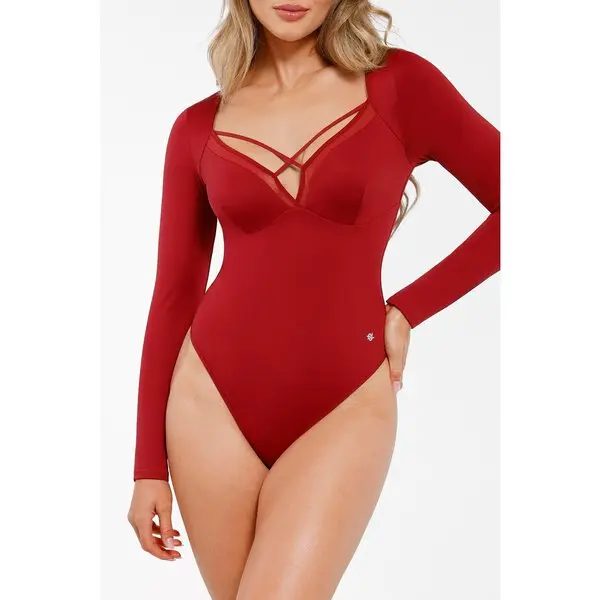 POPILUSH Shapewear Long Sleeve Mesh Inset Tummy Control Bodysuit - Rose