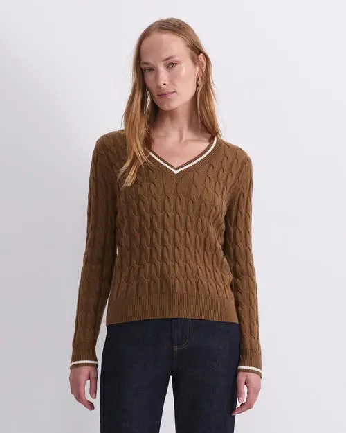 SPORTSCRAFT Merino Cable V-neck Sweater - Tobacco
