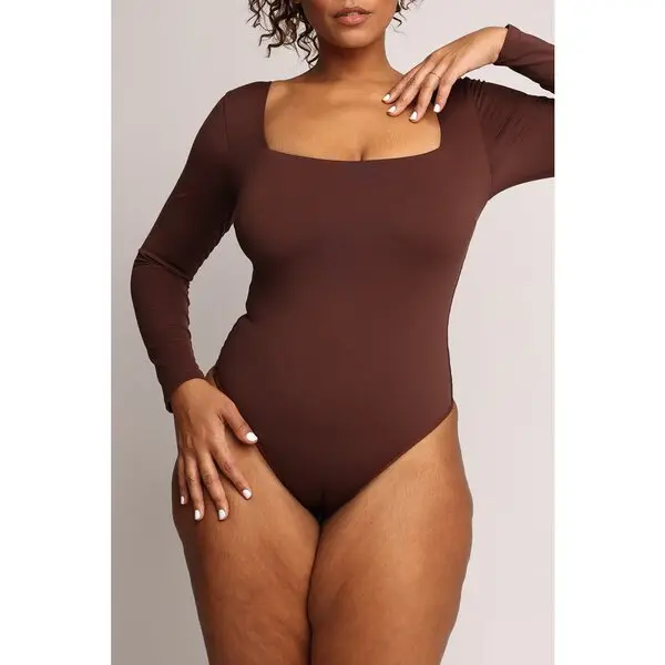 POPILUSH Shapewear Contour Long Sleeve Square Neck Bodysuit - Chocolate
