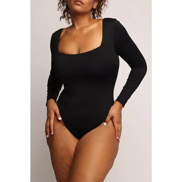 POPILUSH Shapewear Contour Long Sleeve Square Neck Bodysuit - Jet