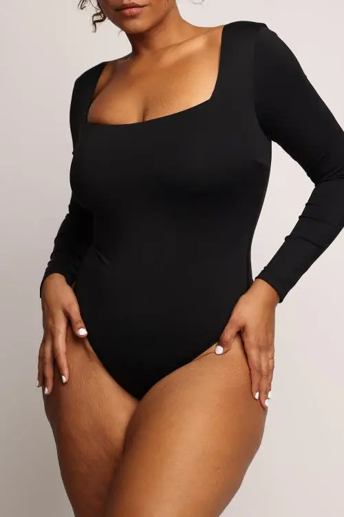 POPILUSH Shapewear Contour Long Sleeve Square Neck Bodysuit - Jet