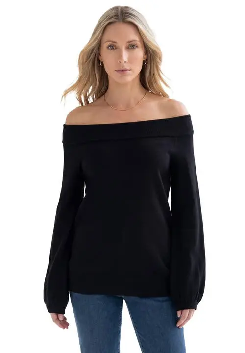 Roaman's Off The Shoulder Blouson Sleeve Sweater - Black