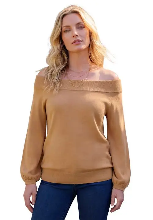Roaman's Off The Shoulder Blouson Sleeve Sweater - Soft Camel