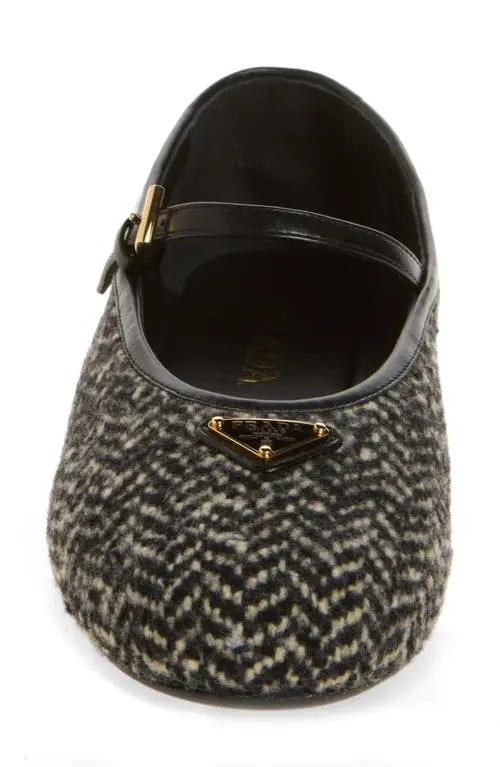 Prada Logo Herringbone Tweed Mary Jane Flat
