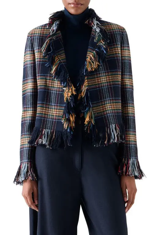 Akris Plaid Tweed Fringe Jacket