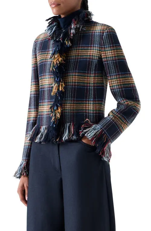 Akris Plaid Tweed Fringe Jacket