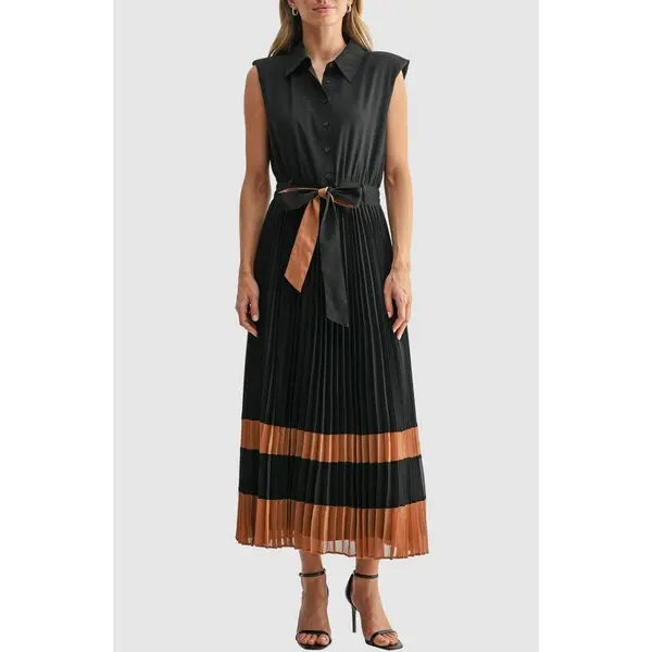 QUINCY MAE Pleated Cap Sleeve Button-up Shirtdress - Black Camel