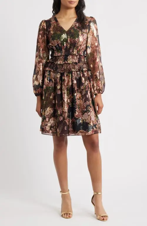 Eliza J Floral Print Smoked Waist Long Sleeve Dress