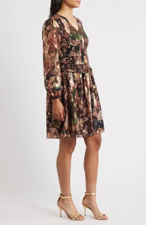 Eliza J Floral Print Smoked Waist Long Sleeve Dress