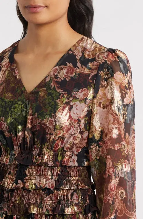 Eliza J Floral Print Smoked Waist Long Sleeve Dress