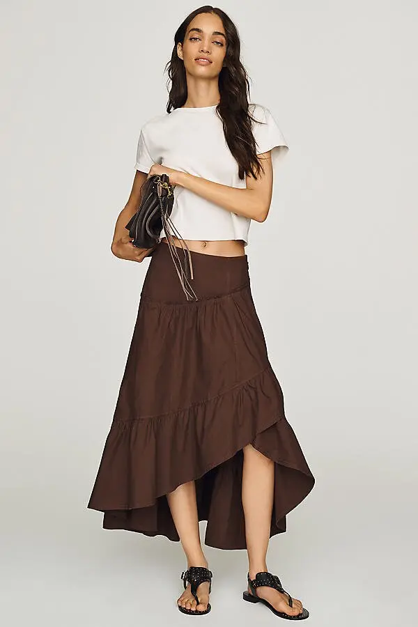 PILCRO Tiered Asymmetrical Midi Skirt