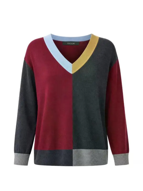 TOCCIN Sia Colour-block V-neck Sweater - Red