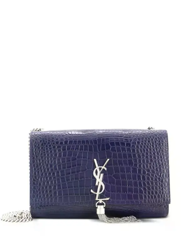 Saint Laurent Classic Monogram Tassel Crocodile Embossed Leather Medium Crossbody Bag - Blue