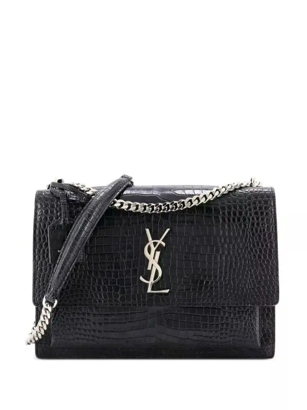Saint Laurent Sunset Crocodile Embossed Leather Large Crossbody Bag - Black