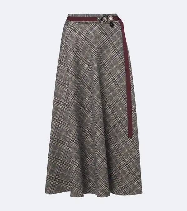 Max Mara Belted Plaid Virgin Wool Midi Skirt