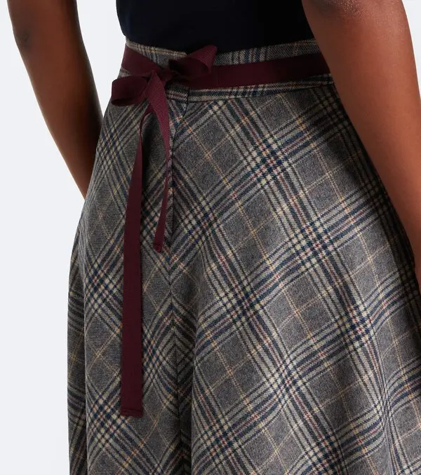 Max Mara Belted Plaid Virgin Wool Midi Skirt