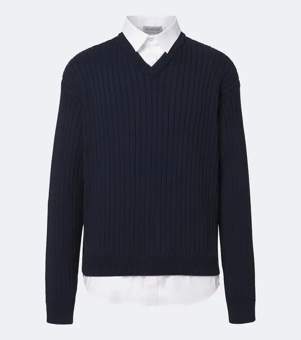 Balenciaga Layered Ribbed-knit Cotton Sweater - Blue