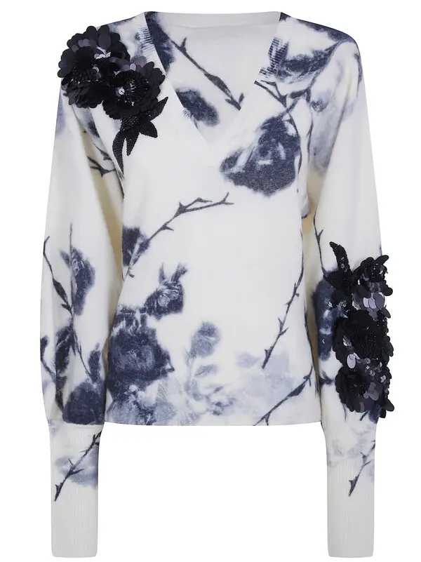 Blumarine Rose Print And Embroidered Wool Blend Sweater - Beige