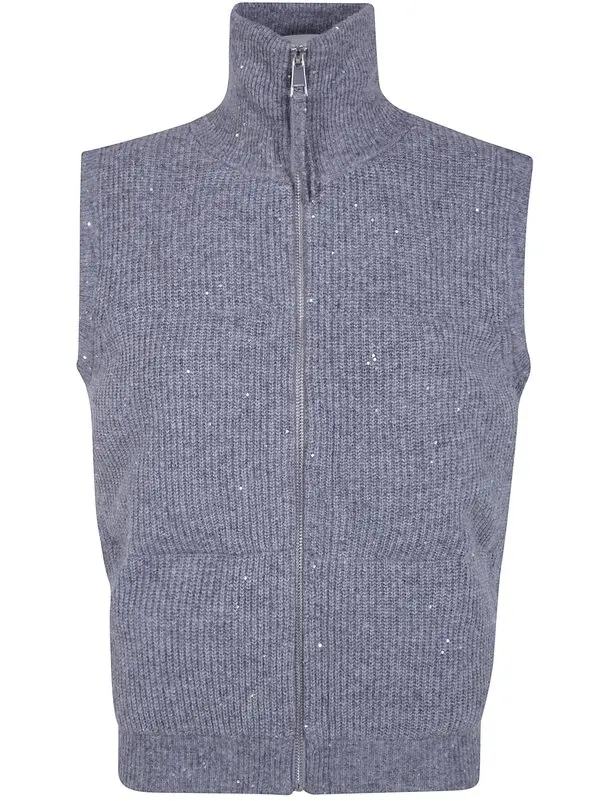 Seventy Ribbed Zip Up Sweater Vest With Paillettes