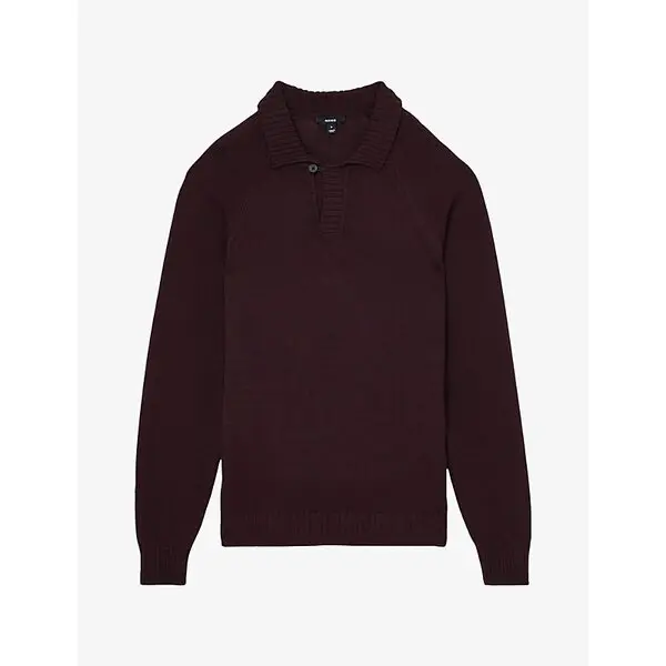 REISS Open-collar Cotton Polo Jumper - Bordeaux
