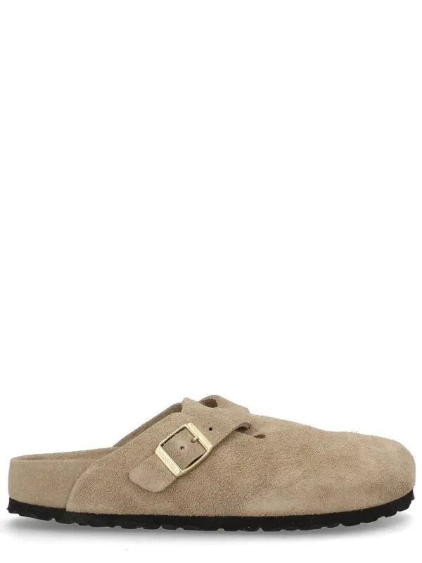 BIRKENSTOCK Suede Clog Mule With Buckle Strap - Beige