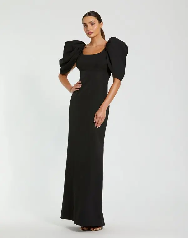 Mac Duggal Crepe Square Neck Gown With Puff Sleeves - Black