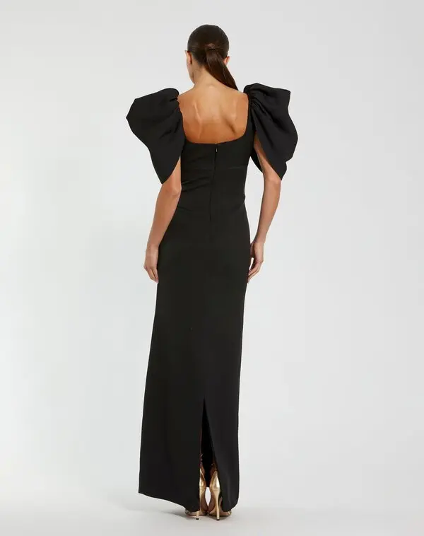 Mac Duggal Crepe Square Neck Gown With Puff Sleeves - Black