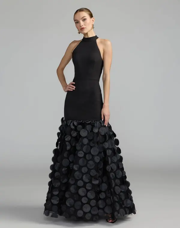 Mac Duggal Halter Neck 3d Floral Hem Gown