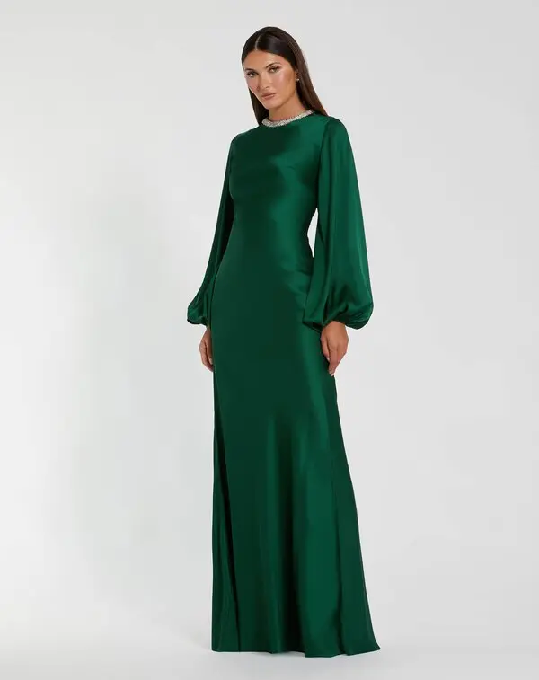 Mac Duggal Beaded High Neck Bishop Sleeve Gown