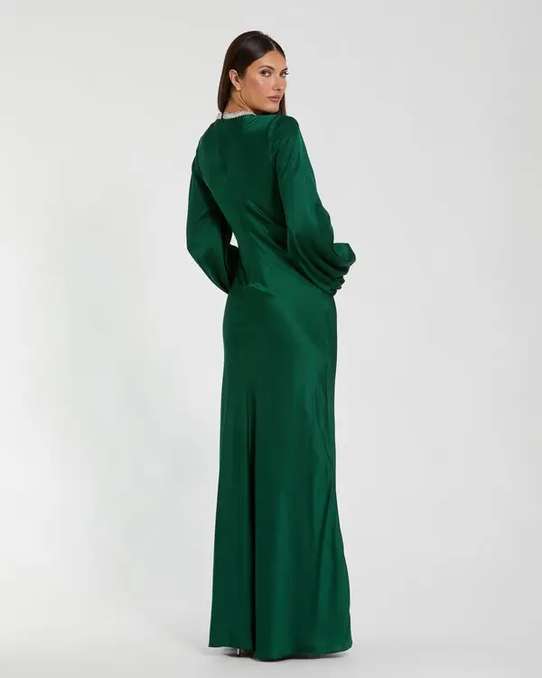 Mac Duggal Beaded High Neck Bishop Sleeve Gown