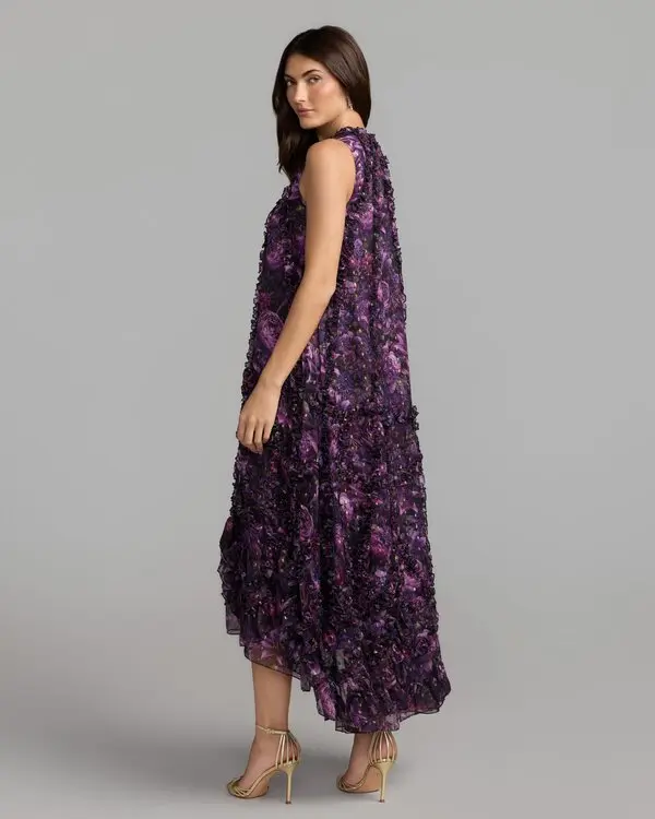 Mac Duggal Sleeveless Floral Micro Ruffle Trapeze Midi Dress