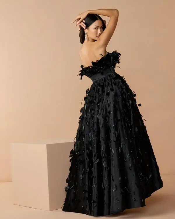 MAC DUGGAL COLLECTION Strapless Feather Embellished High Low Satin Gown