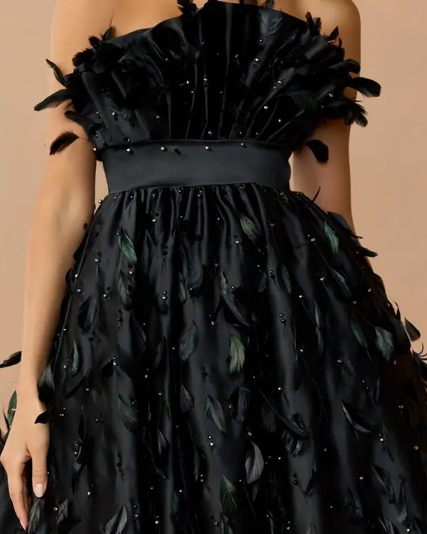 MAC DUGGAL COLLECTION Strapless Feather Embellished High Low Satin Gown