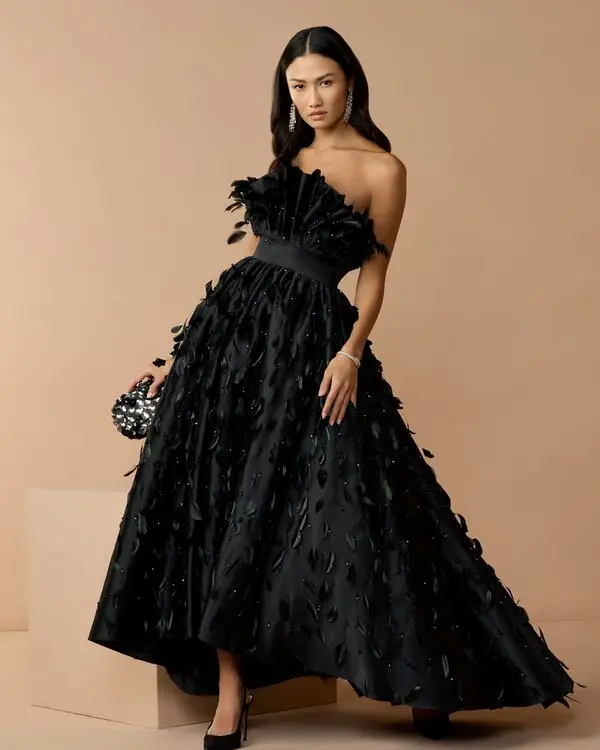 MAC DUGGAL COLLECTION Strapless Feather Embellished High Low Satin Gown
