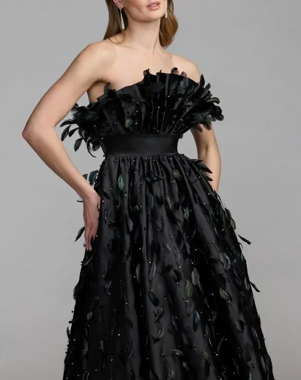 MAC DUGGAL COLLECTION Strapless Feather Embellished High Low Satin Gown